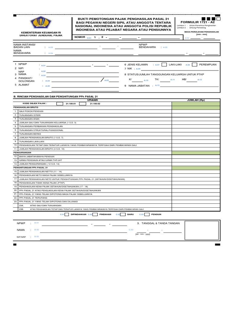 Formulir 1721-A2 untuk PPh 21 | PDF