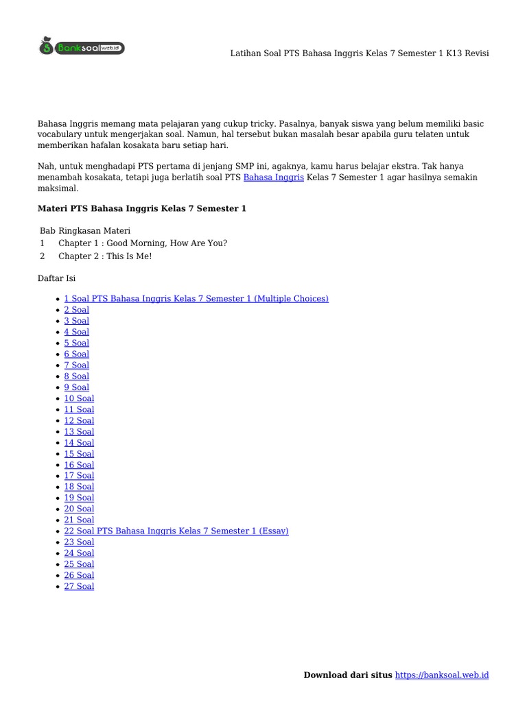 Soal PTS Bahasa Inggris Kelas 7 SMT 1 | PDF | Seni & Disiplin Bahasa