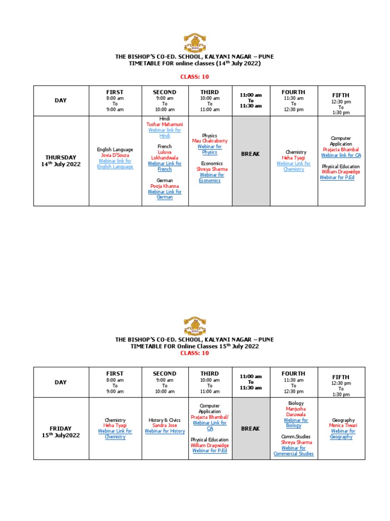 Class 10 Online Timetable - Kalyani Nagar | PDF