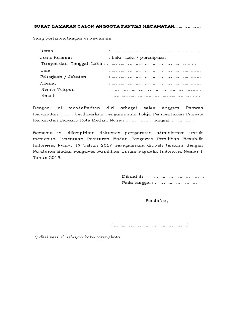 Surat Lamaran Calon Anggota Panwas Kecamatan 1 | PDF | Olahraga & Rekreasi