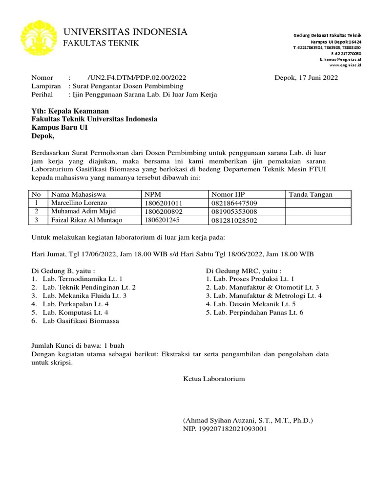 Surat Ijin Pemakaian Lab Di Luar Jam Kerja | PDF