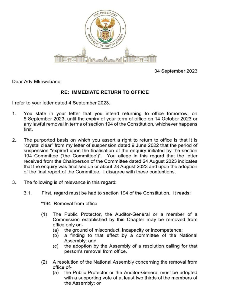 Ramaphosa's Letter To Mkhwebane | PDF