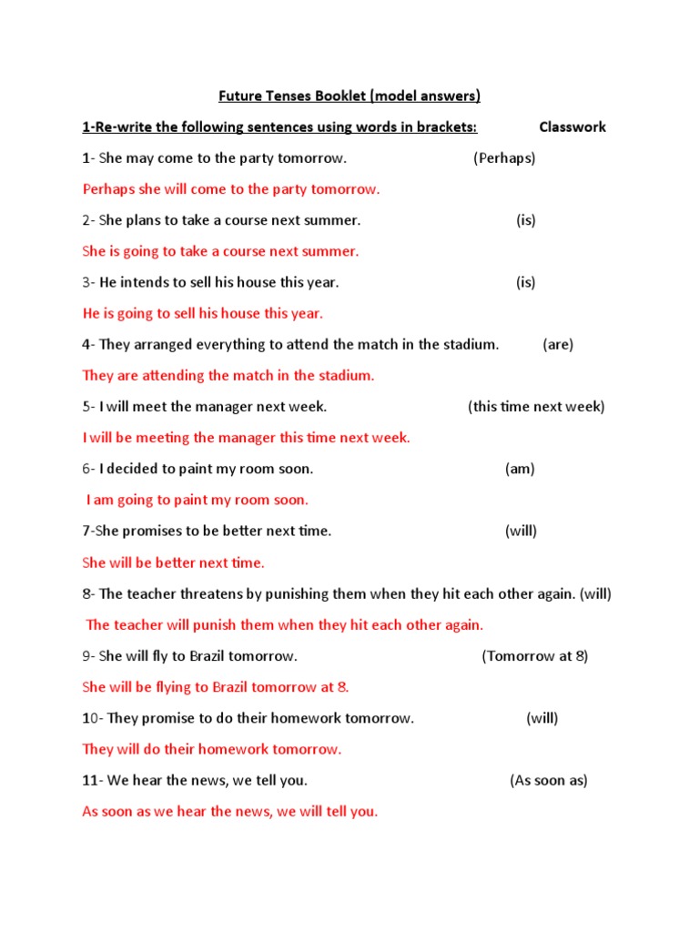 Future Tenses Model Answers | PDF
