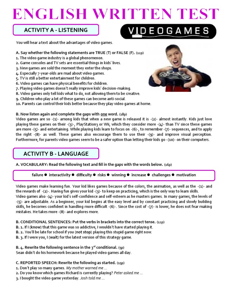 Video Games 10th Grade Test Information Gap Activities Reading ...