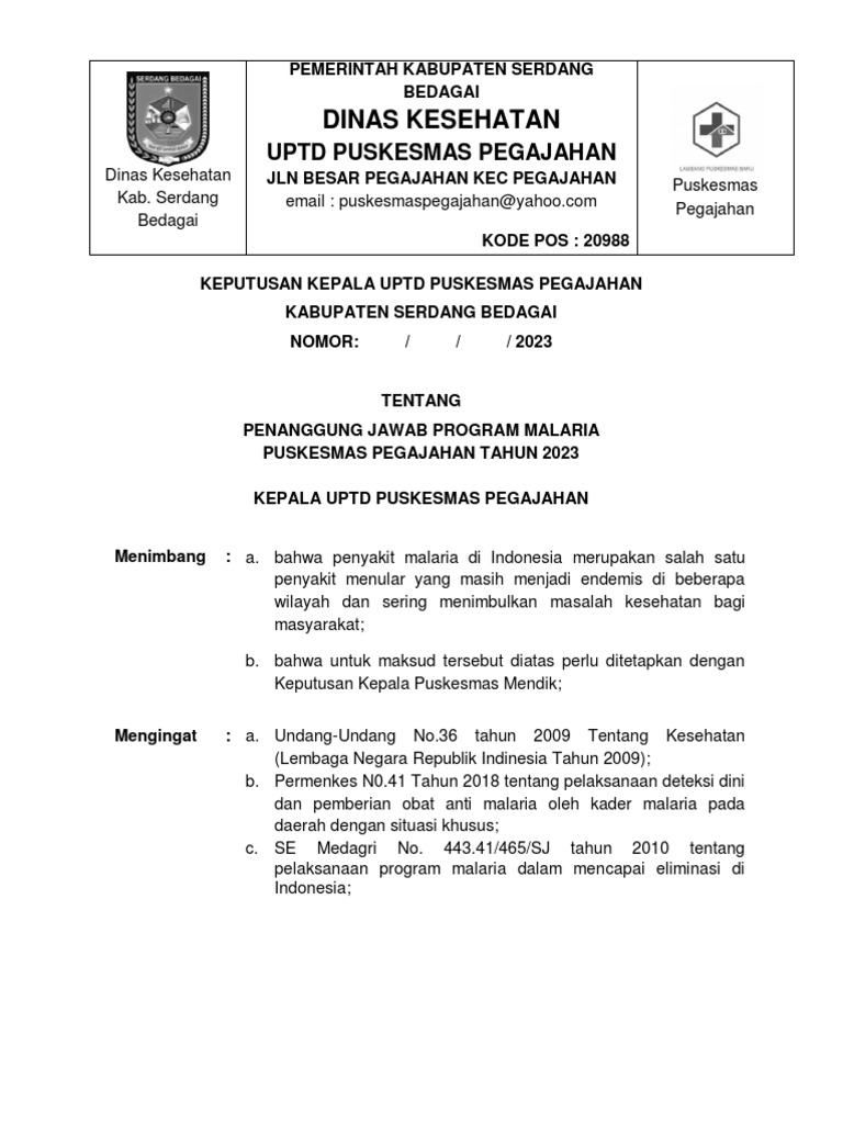 SK Malaria Pegajahan | PDF