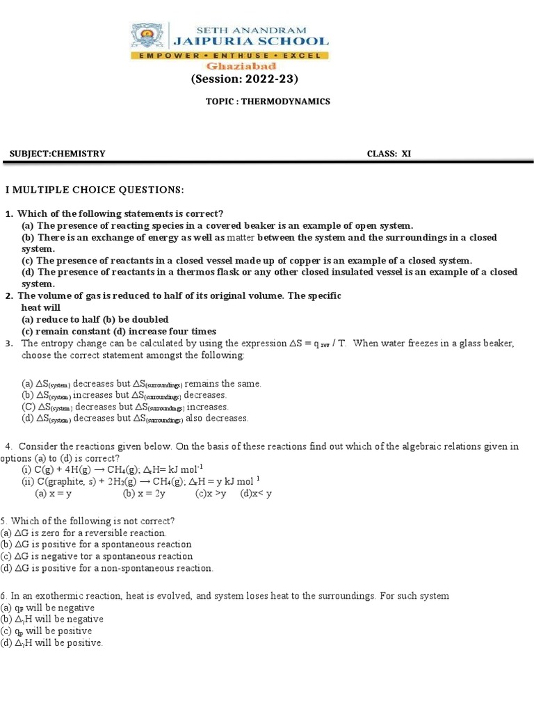 CLASS XI CH-6 QUESTION BANK | PDF | Chemical Reactions | Quantity