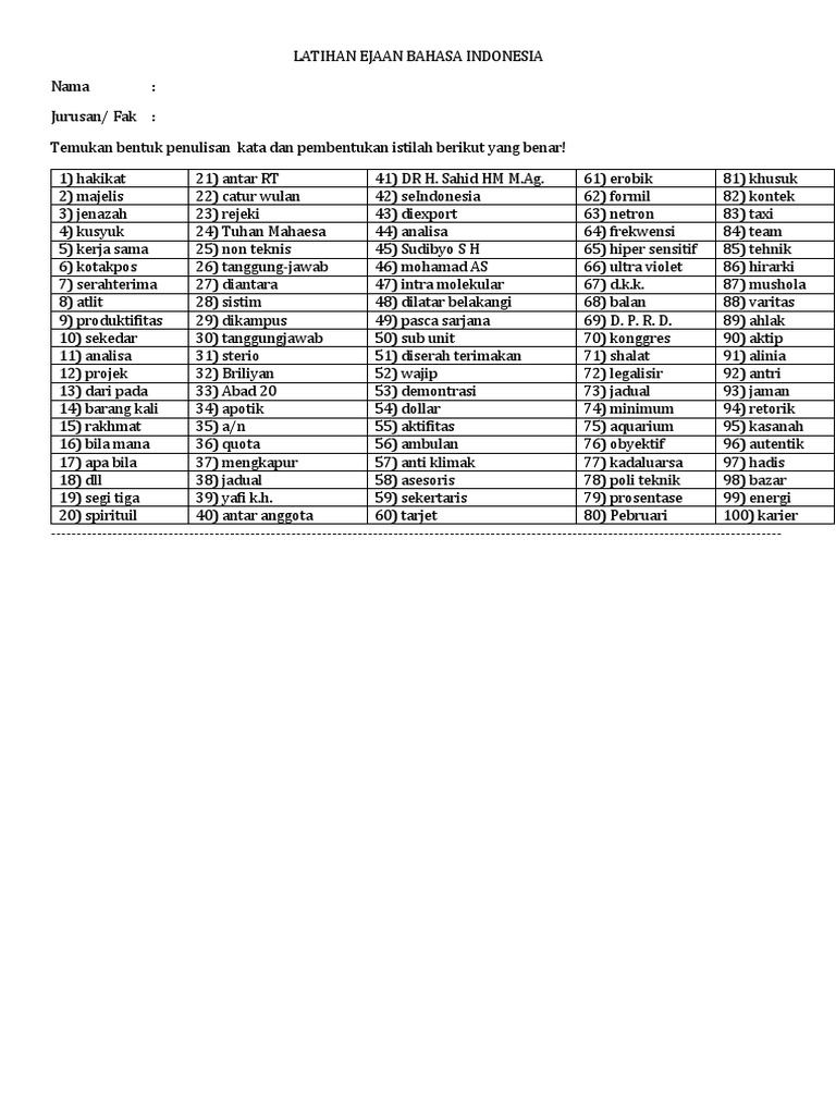 Latihan Ejaan Bahasa Indonesia | PDF
