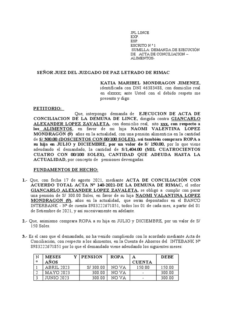Demanda Ejecucion de Acta de Conciliacion Por Alimentos | PDF ... Demanda Ejecucion de Acta de Conciliacion Por Alimentos | PDF ...