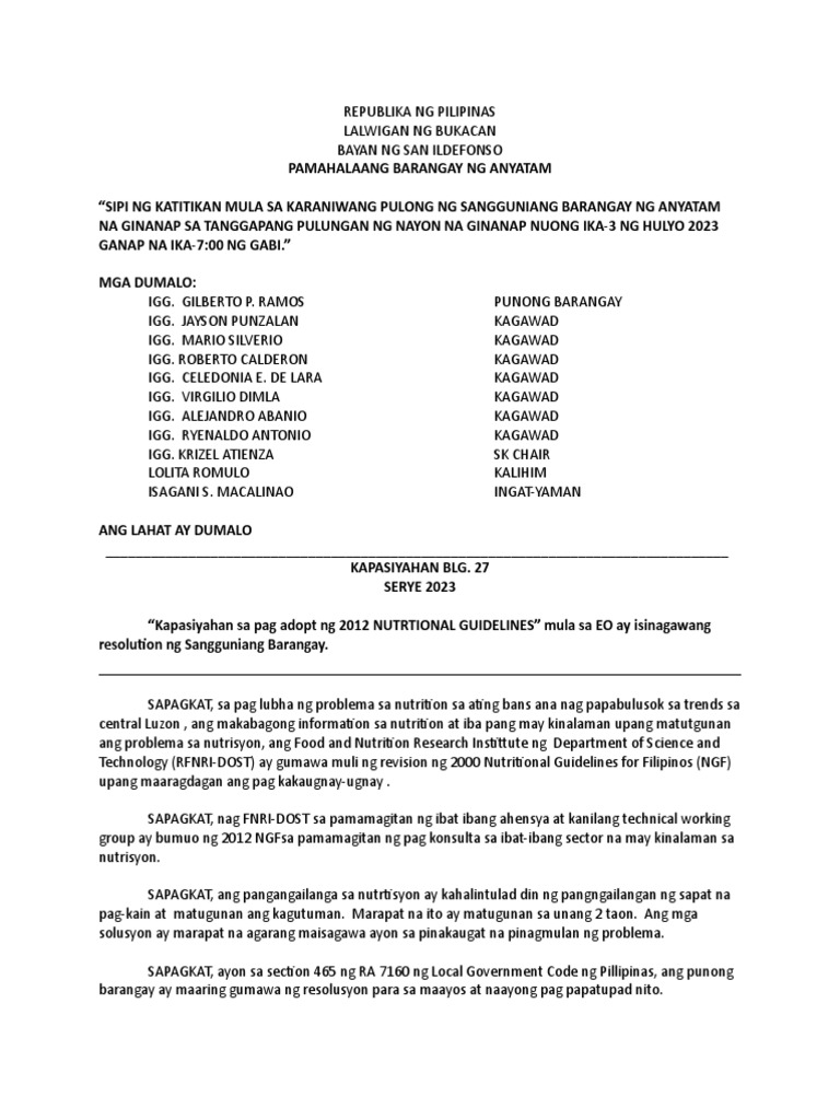 2012 Nutritional Guidelines For Filipino | PDF