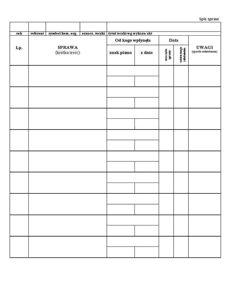Spis Spraw - FORMULARZ | PDF