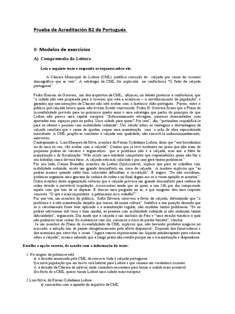 Prueba Acred. b2 Modelos de Ejercicios de C. Lectura y Vocabulario | PDF | Portugal | Lisboa