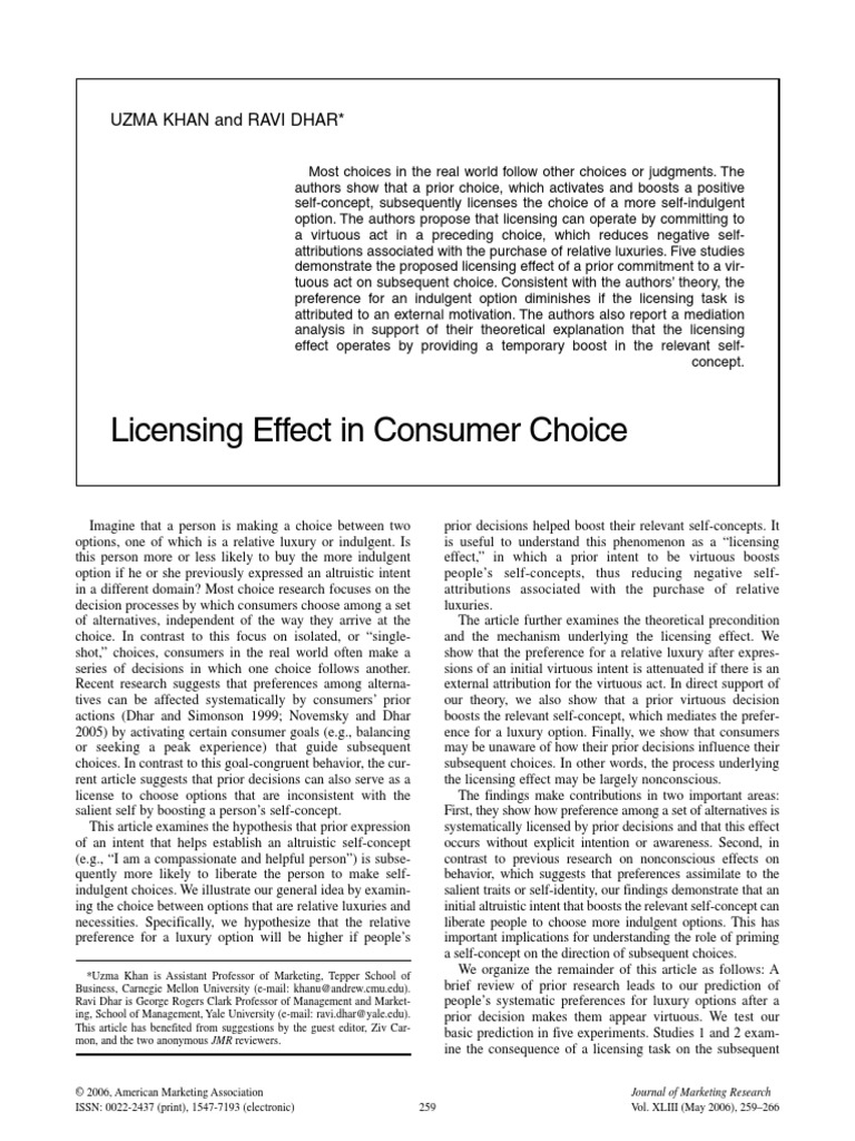04 Licensing Effect in Consumer Choice | PDF | Choice | Self Concept
