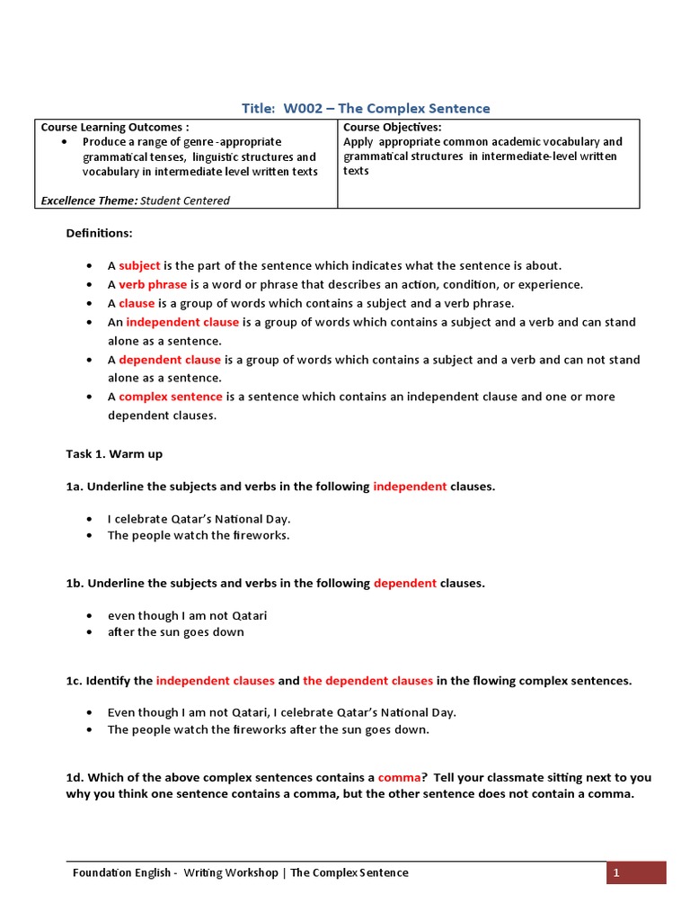 Complex Sentences - Worksheet | PDF | Subject (Grammar) | Sentence ...