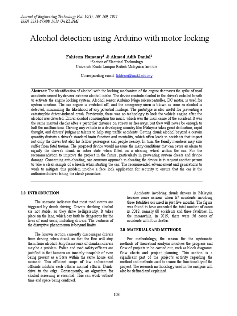 103 109 Alcohol Detection Using Arduino With Motor Locking Pdf