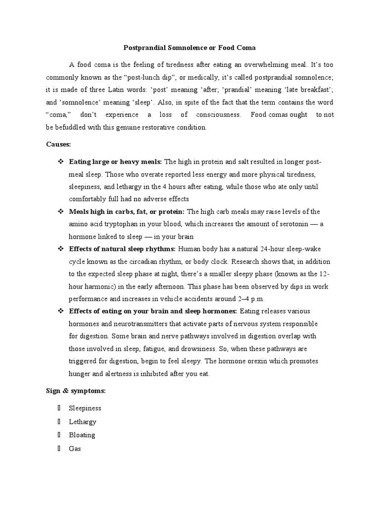 Food Coma - Final | PDF | Sleep | Diseases And Disorders