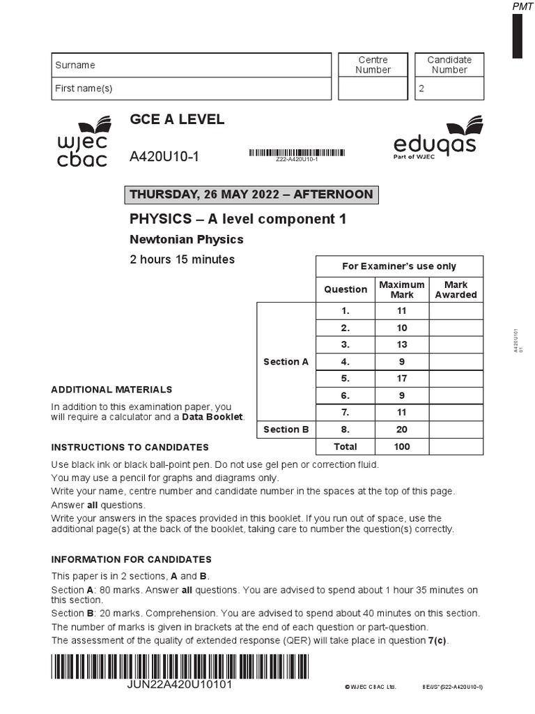 June 2022 QP - Component 1 Eduqas Physics A-Level | PDF