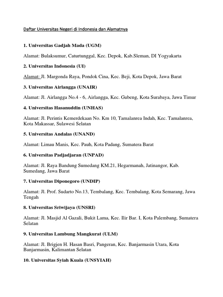 Daftar Universitas Negeri Indonesia | PDF
