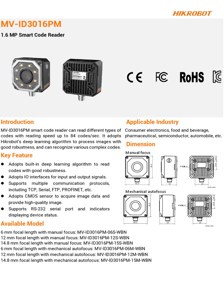 MV-ID3016PM Smart Code Reader - Datasheet - 20230801 | PDF