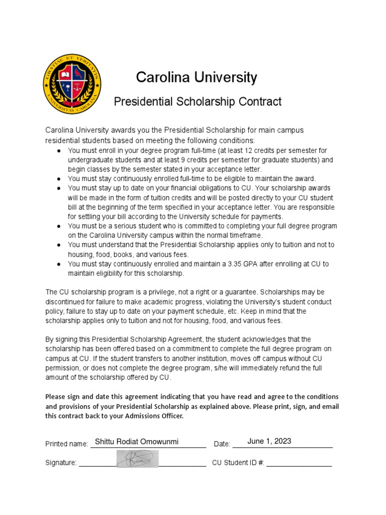 Main Campus Presidential Scholarship Contract For Residential Students ...