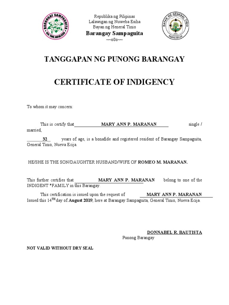 Certificate of Indigency Sample | PDF