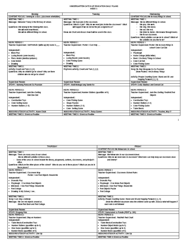 Kindergarten Lesson Plan Week 1 | PDF | Drawing | Classroom
