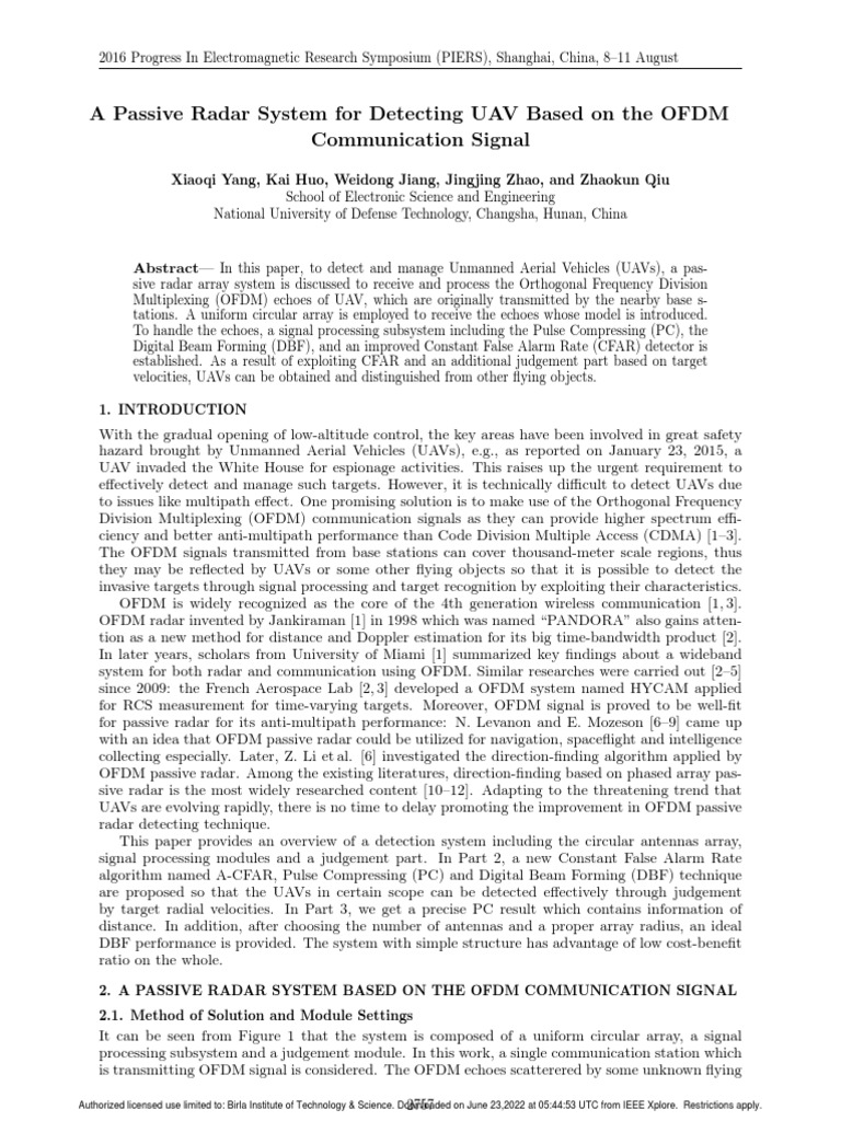 A Passive Radar System For Detecting Uav Based On The Ofdm