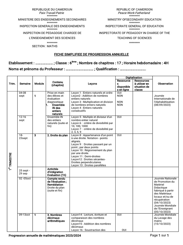 Progression Maths 6ème 2023/2024 | PDF