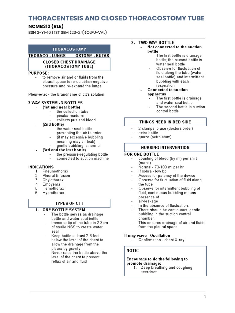 CTT and THORACENTESIS | PDF | Respiratory System | Diseases And Disorders