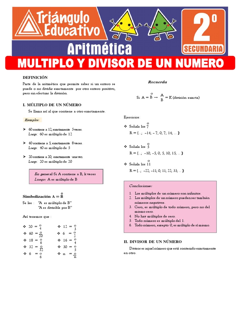 Multiplo y Divisor de Un Numero para Segundo Grado de Secundaria | PDF ...