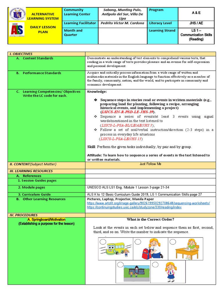 LS1 Eng. DLP-JHS (Sequencing Events) | PDF | Learning | Reading ...