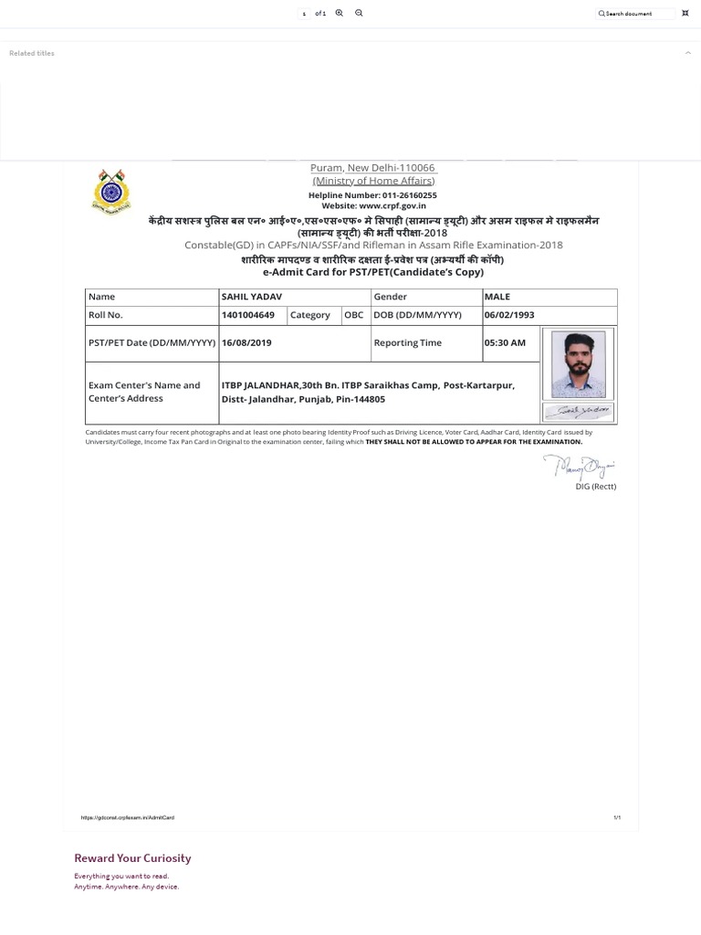 Admit Card - CRPF - PDF - Written Communication - Applications of Cryptography | PDF ...