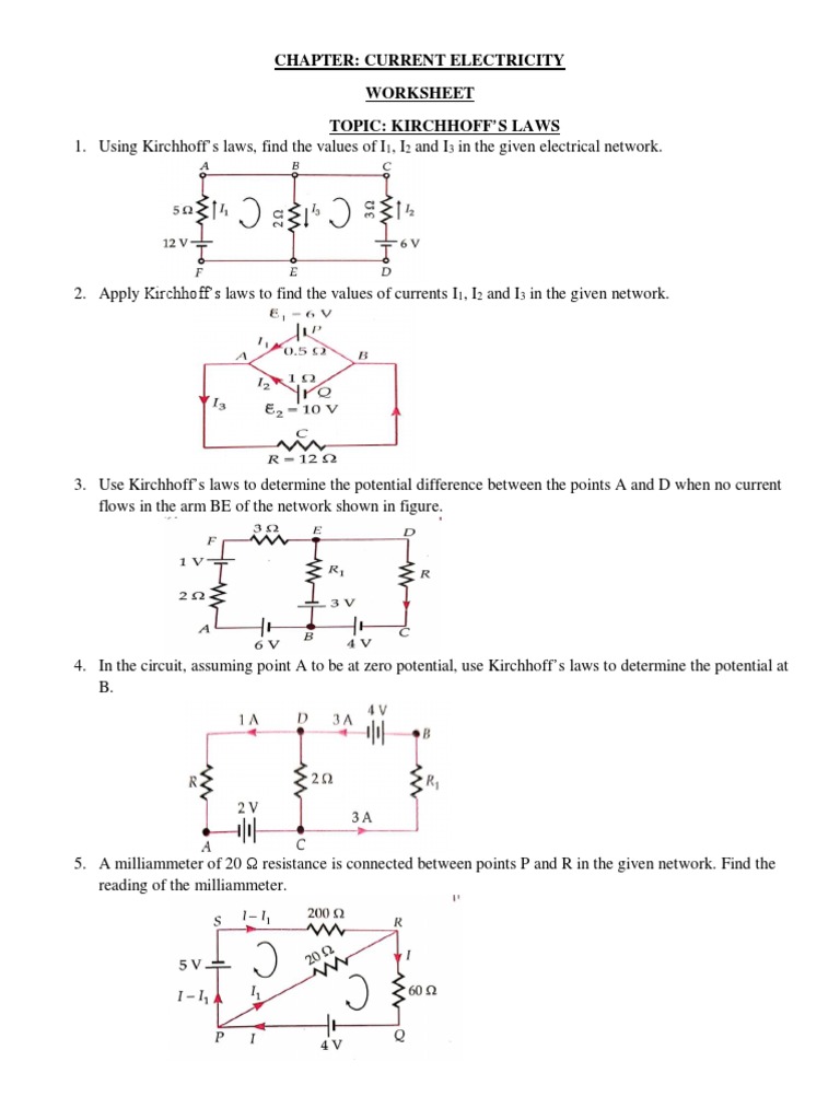 CURRENT ELECTRICITY - WORKSHEET-6 - KIRCHHOFF-S LAWS - Ic535180 | PDF