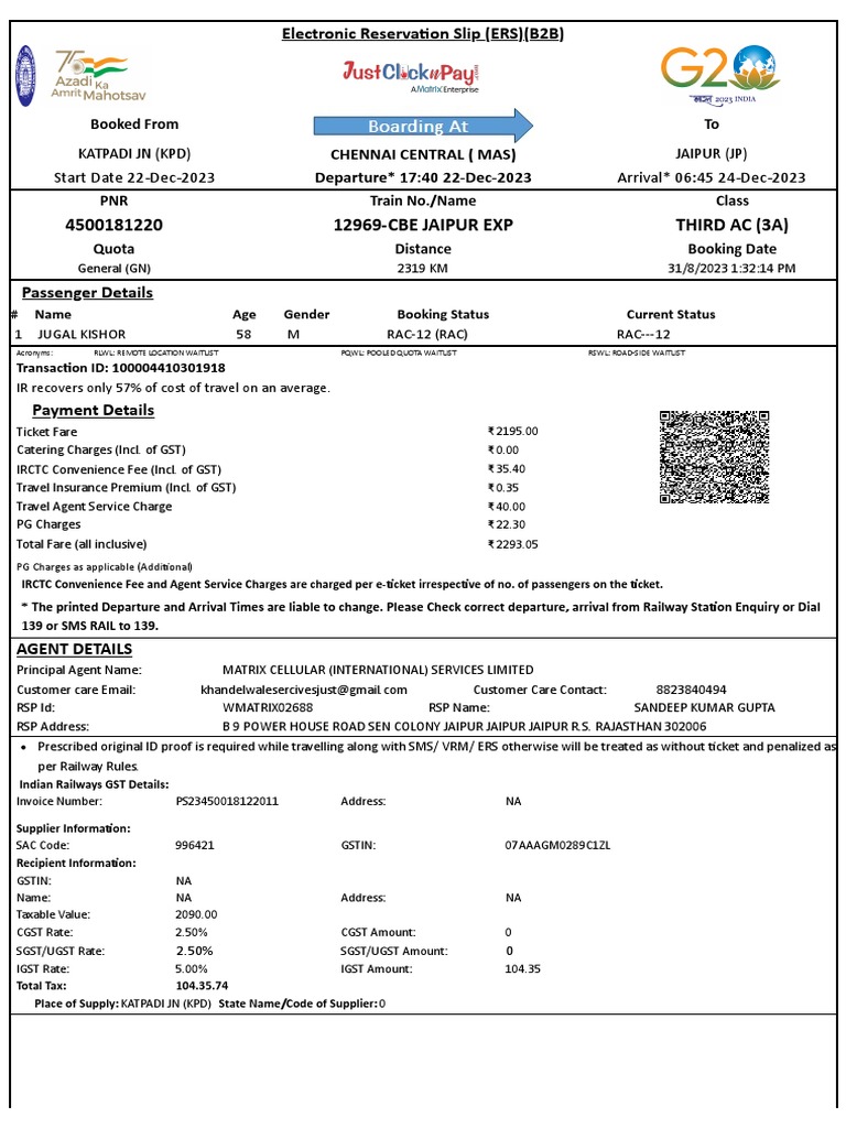 12969-Cbe Jaipur Exp Third Ac (3A) : Start Date 22-Dec-2023 Arrival 06: ...