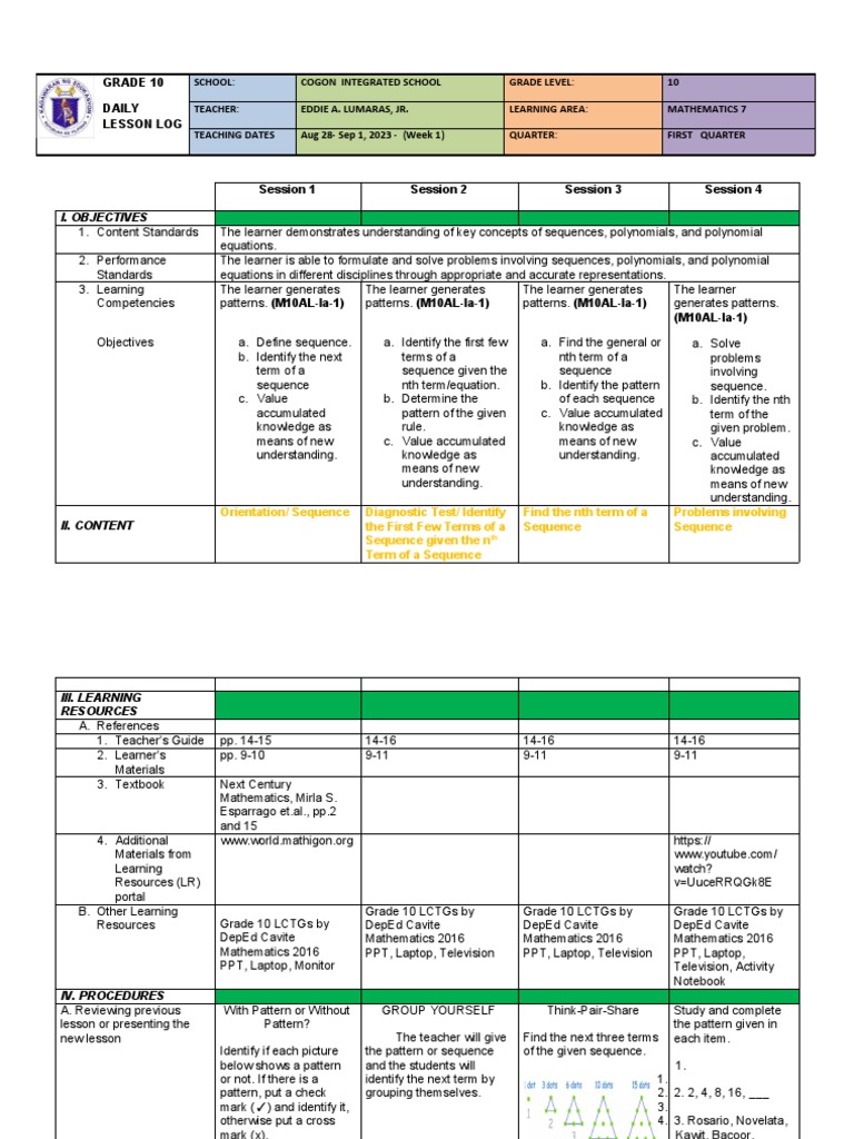 Grade 10 Math Lesson Plan: Sequences | PDF | Learning | Sequence