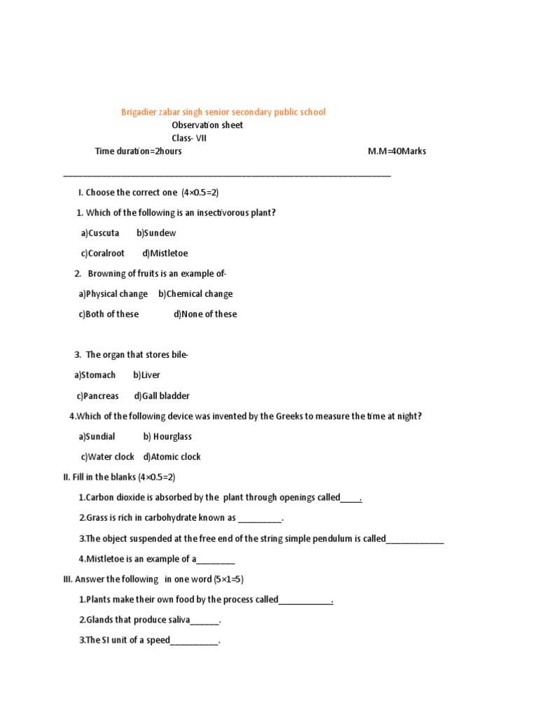 Class VII Science Observation Sheet | PDF | Teaching Methods ...