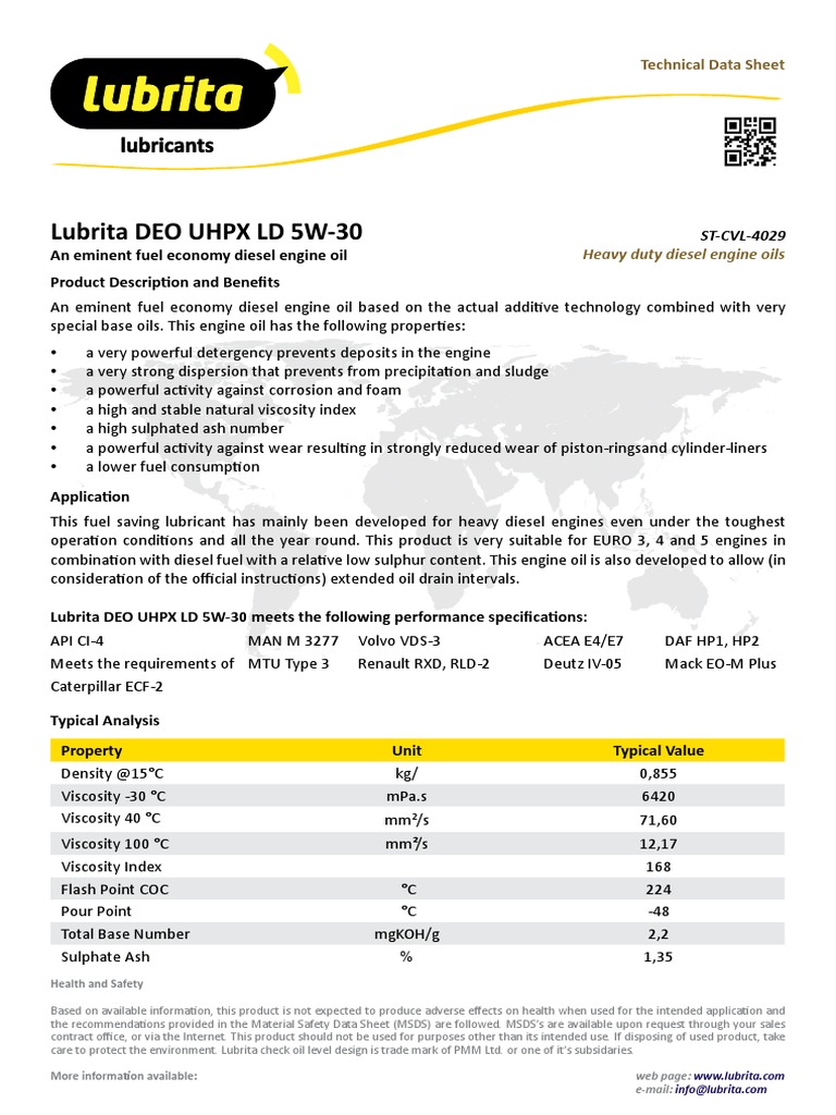 TDS Lubrita DEO UHPX LD 5W-30 English | PDF | Motor Oil | Chemical ...