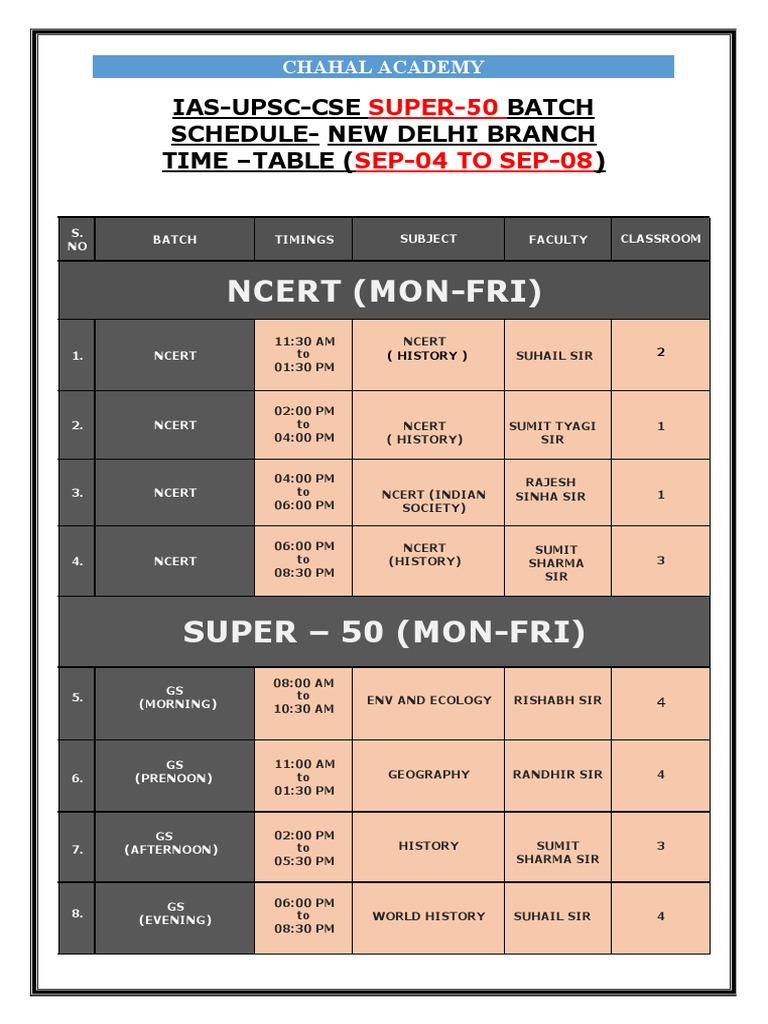 Super 50 Common Time Table Sep-04 To Sep-08-2 | PDF