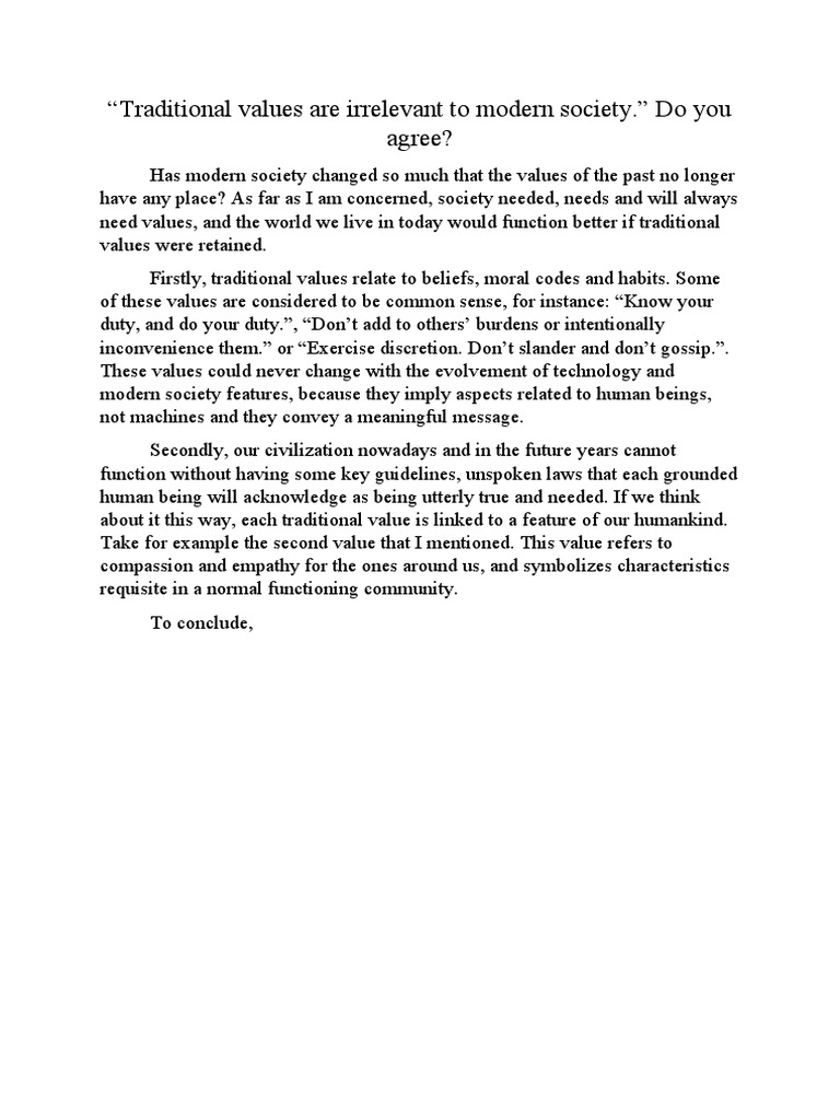 Traditional Values Are Irrelevant To Modern Society | PDF