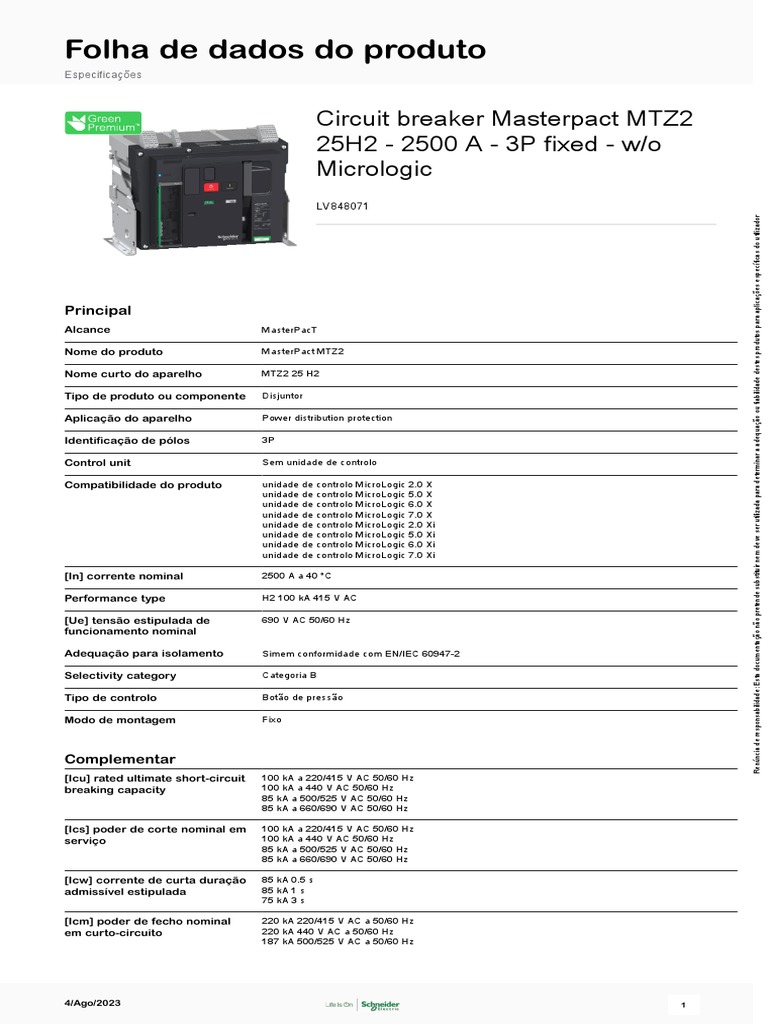 Especificações do Disjuntor MTZ2 | PDF | Eletricidade | Engenharia Elétrica