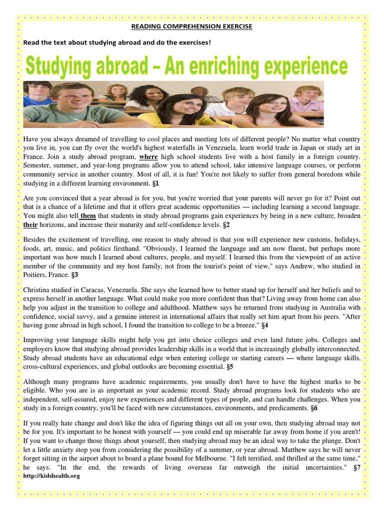 7 READING COMPREHENSION EXERCISE Studying Abroad An Enriching ...