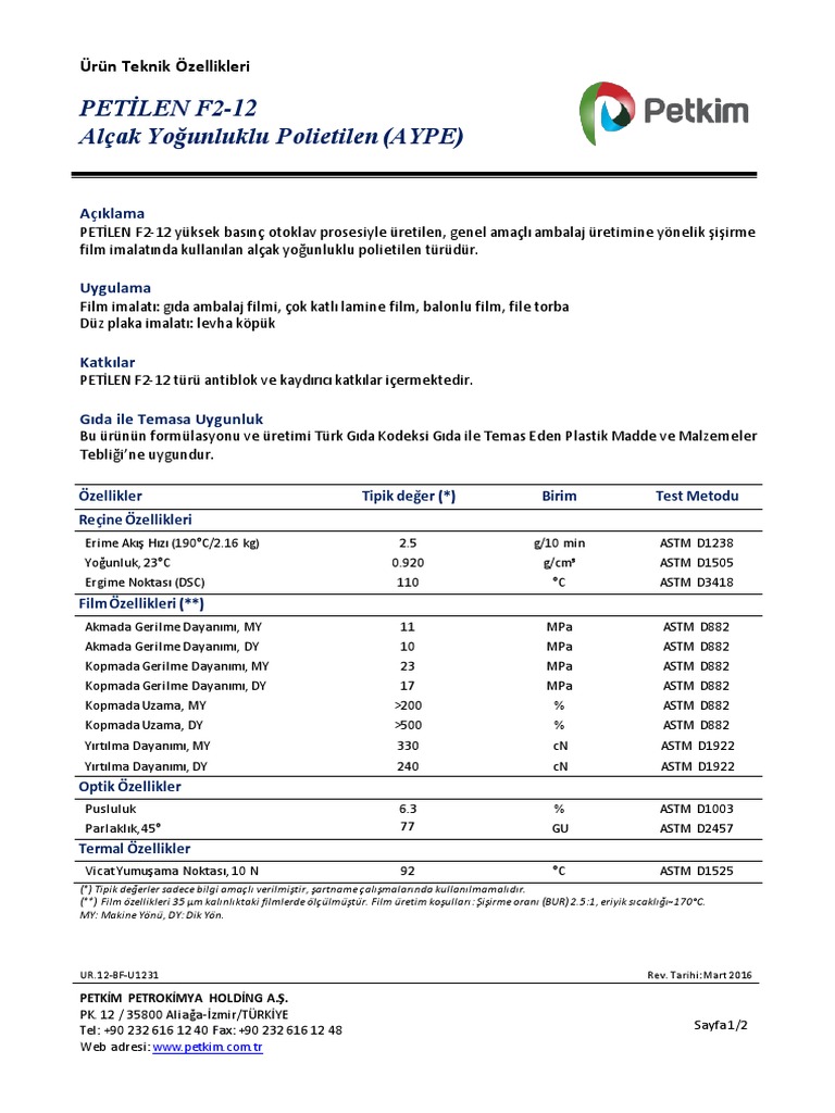 Petilen F2-12 Alçak Yoğunluklu Polietilen (AYPE) : Ürün Teknik ...
