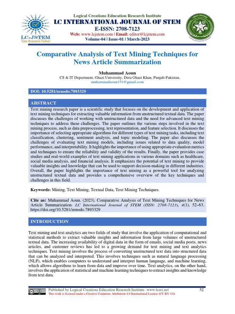 Comparative Analysis of Text Mining Techniques For | PDF | Analytics | Machine Learning