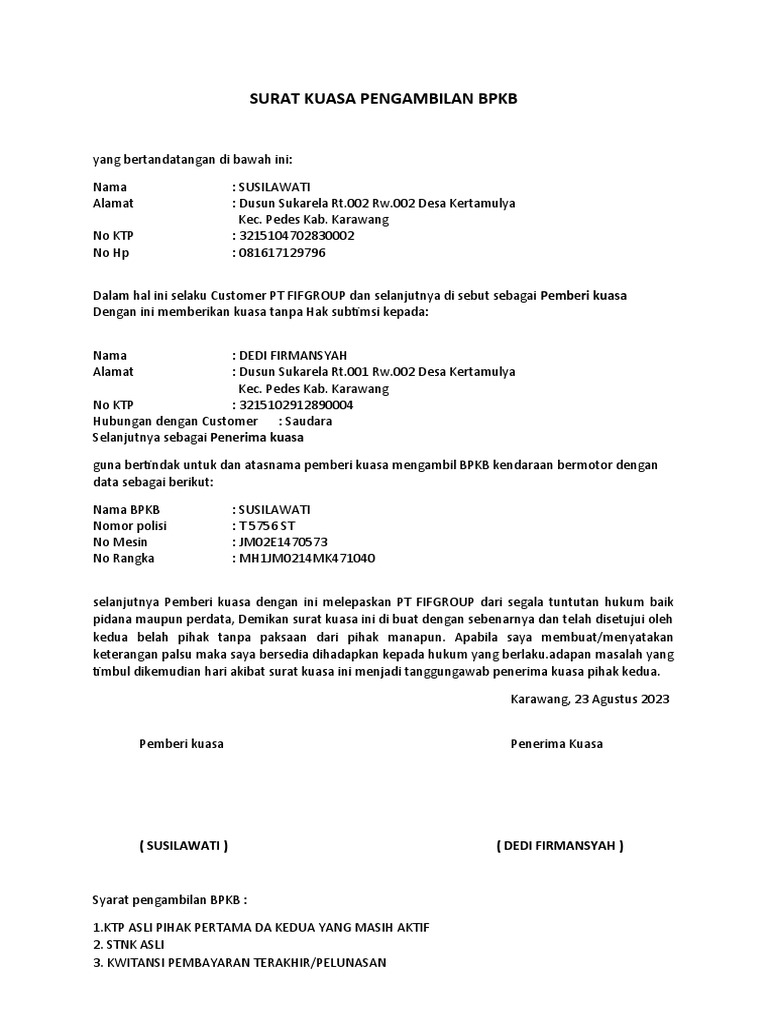 Surat Kuasa Pengambilan BPKB | PDF | Hukum