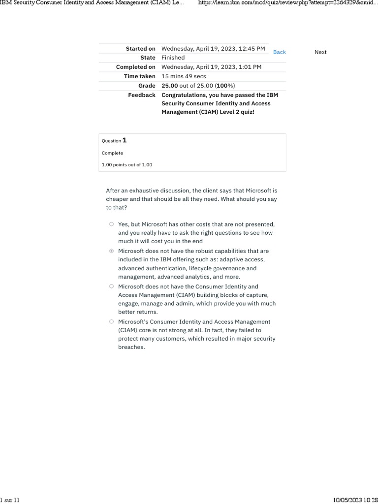 IBM Security Consumer Identity and Access Management (CIAM) Level 2 Quiz Attempt Review | PDF ...