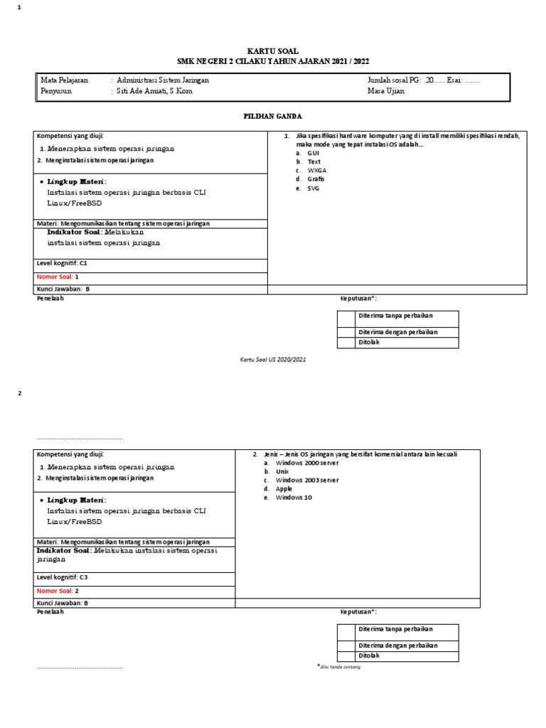 Kartu Soal ASJ Kelas Xi TKJ 2 Siti Ade Amiati | PDF