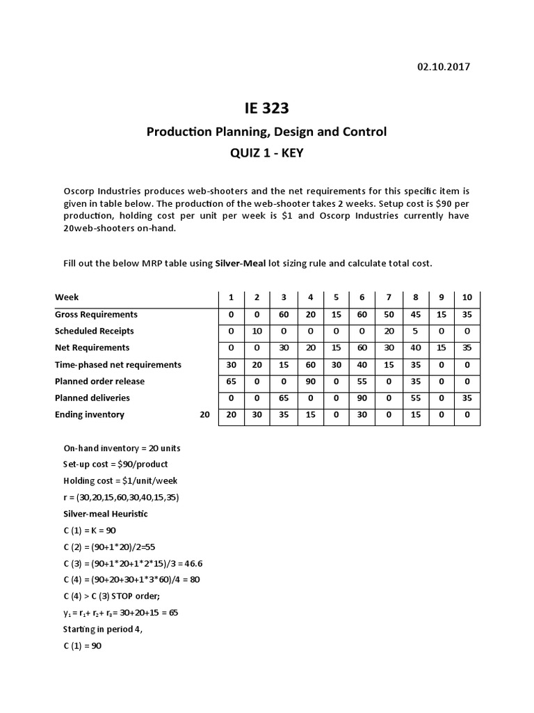 IE 323 Quiz 1- KEY (1) | PDF
