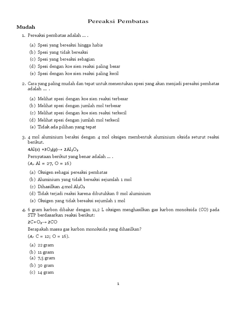 Latihan Soal Pereaksi Pembatas | PDF | Metode & Bahan Ajar | Sains & Matematika