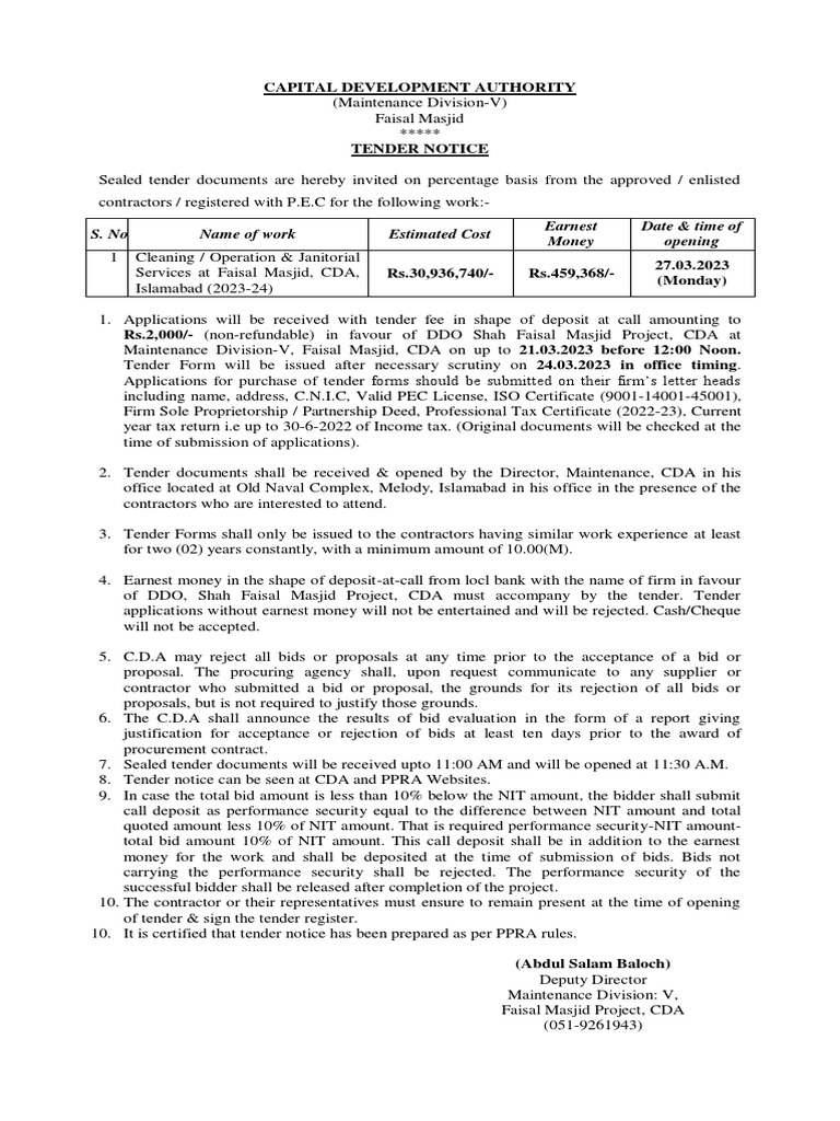 CDA Release Order No.85 - Faisal Masjid Maintenance Division-V Cleaning ...