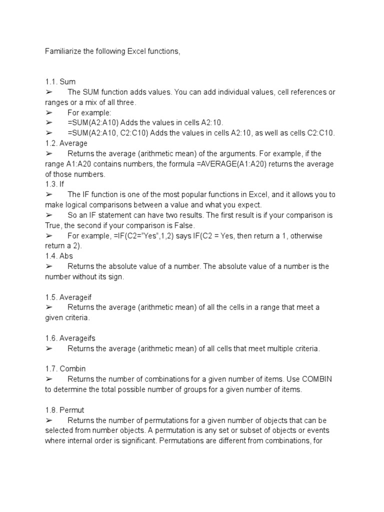 Excel Functions Pdf String Computer Science Average
