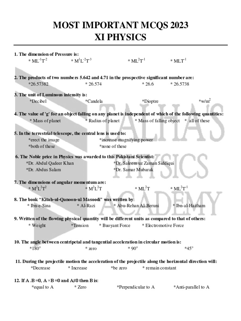 XI Physics 100 MCQs | PDF | Force | Torque